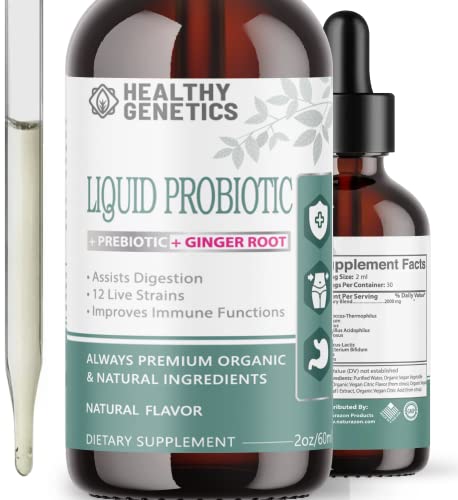 Liquid Probiotics for Women Men & Kids | Prebiotic +Ginger + Probiotics for Digestive Health | Acidophilus Probiotic | Dairy Free | Vegan | Non-GMO | Gluten Free | 30 Servings