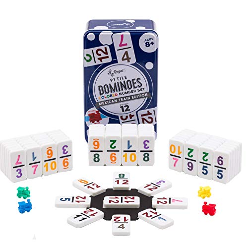 Regal Games - Double 12 Dominoes - Colored Numbers Set - Mexican Train Game Set with Hub, 91 Numbered Domino Tiles, 4 Trains, and Collector's Tin - Ideal for 2-4 Players Ages 8 for Kids and Adults