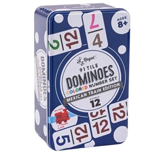 Regal Games - Double 12 Dominoes - Colored Numbers Set - Mexican Train Game Set with Hub, 91 Numbered Domino Tiles, 4 Trains, and Collector's Tin - Ideal for 2-4 Players Ages 8 for Kids and Adults