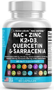 nac supplement n-acetyl cysteine 1000mg vitamin d3 k2 zinc quercetin 1000mg sarracenia purpurea 1000mg with elderberry holy basil bee propolis bromelain l-lysine made in usa – 60 count