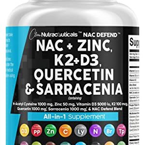 NAC Supplement N-Acetyl Cysteine 1000mg Vitamin D3 K2 Zinc Quercetin 1000mg Sarracenia Purpurea 1000mg with Elderberry Holy Basil Bee Propolis Bromelain L-Lysine Made in USA - 60 Count