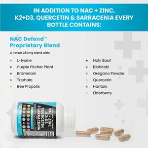 NAC Supplement N-Acetyl Cysteine 1000mg Vitamin D3 K2 Zinc Quercetin 1000mg Sarracenia Purpurea 1000mg with Elderberry Holy Basil Bee Propolis Bromelain L-Lysine Made in USA - 60 Count