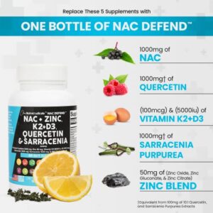 NAC Supplement N-Acetyl Cysteine 1000mg Vitamin D3 K2 Zinc Quercetin 1000mg Sarracenia Purpurea 1000mg with Elderberry Holy Basil Bee Propolis Bromelain L-Lysine Made in USA - 60 Count