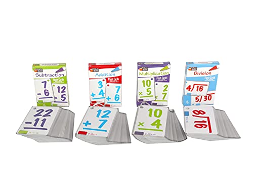 Regal Games - Four-Pack Variety Math Flash Cards - Addition, Subtraction, Multiplication, Division Practice - Classroom, Homework, Study Supplement - Includes 2 Binder Rings - 208 Cards