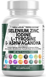 selenium 300mcg zinc 50mg iodine 500mcg l tyrosine 500mg ashwagandha 6000mg – thyroid support supplement for women and men with bladderwrack, turmeric, kelp, schisandra – made in usa 60 caps