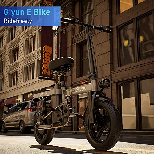 Giyun Electric Bike for Adults, Folding Mini Ebike 350W, Max 21.74MPH 14" Fat Tire Ebike Snow Beach Mountain Commute, 48V 12.5AH Removable Battery with 5 Shock Absorption Comfort Riding, Black