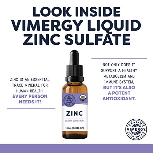 Vimergy Organic Liquid Zinc, 57 Servings – Alcohol Free Zinc Sulfate – Supports Immune Health & Metabolism – Antioxidant – Gluten-Free, Non-GMO, Kosher, Vegan & Paleo Friendly (115 ml)