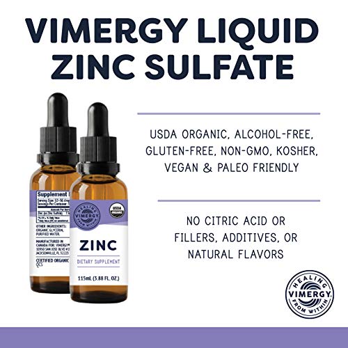 Vimergy Organic Liquid Zinc, 57 Servings – Alcohol Free Zinc Sulfate – Supports Immune Health & Metabolism – Antioxidant – Gluten-Free, Non-GMO, Kosher, Vegan & Paleo Friendly (115 ml)