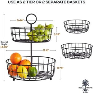 2 Tier Fruit Basket for Kitchen Regal Trunk & Co, Wire Fruit Organizer Bowl for Kitchen, Tiered Fruit Holder for Countertop or Hanging, Matt Brown Fruit stand in Metallic Frame Produce Holder