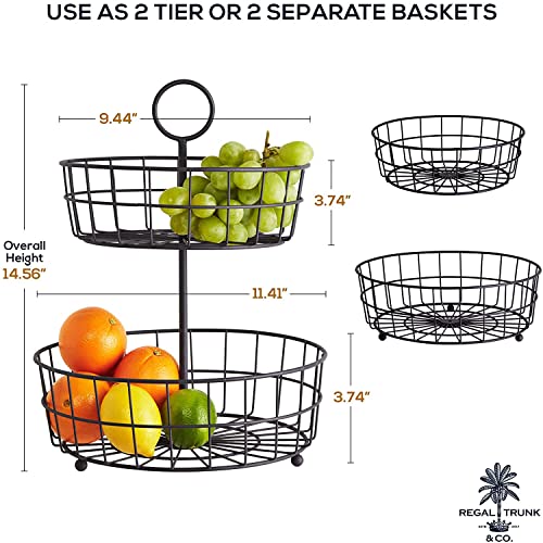 2 Tier Fruit Basket for Kitchen Regal Trunk & Co, Wire Fruit Organizer Bowl for Kitchen, Tiered Fruit Holder for Countertop or Hanging, Matt Brown Fruit stand in Metallic Frame Produce Holder