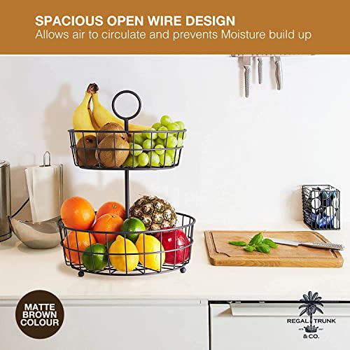 2 Tier Fruit Basket for Kitchen Regal Trunk & Co, Wire Fruit Organizer Bowl for Kitchen, Tiered Fruit Holder for Countertop or Hanging, Matt Brown Fruit stand in Metallic Frame Produce Holder