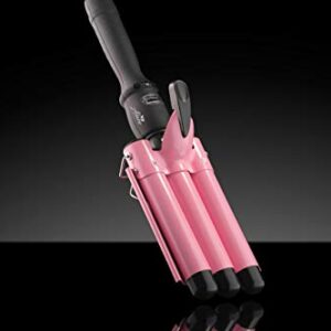 Alure Three Barrel Curling Iron Wand with LCD Temperature Display - 1 Inch Ceramic Tourmaline Triple Barrels, Dual Voltage Crimp (Pink)