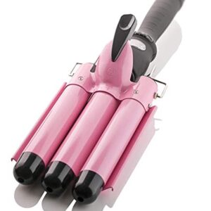 Alure Three Barrel Curling Iron Wand with LCD Temperature Display - 1 Inch Ceramic Tourmaline Triple Barrels, Dual Voltage Crimp (Pink)