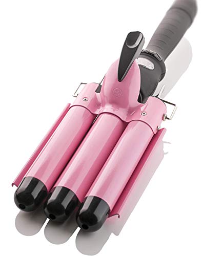 Alure Three Barrel Curling Iron Wand with LCD Temperature Display - 1 Inch Ceramic Tourmaline Triple Barrels, Dual Voltage Crimp (Pink)