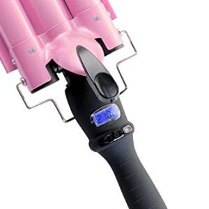 Alure Three Barrel Curling Iron Wand with LCD Temperature Display - 1 Inch Ceramic Tourmaline Triple Barrels, Dual Voltage Crimp (Pink)