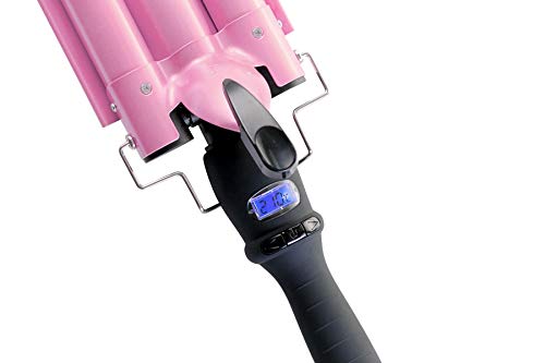 Alure Three Barrel Curling Iron Wand with LCD Temperature Display - 1 Inch Ceramic Tourmaline Triple Barrels, Dual Voltage Crimp (Pink)