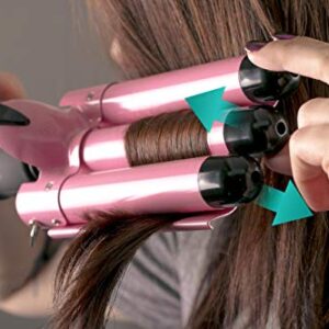 Alure Three Barrel Curling Iron Wand with LCD Temperature Display - 1 Inch Ceramic Tourmaline Triple Barrels, Dual Voltage Crimp (Pink)