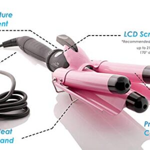 Alure Three Barrel Curling Iron Wand with LCD Temperature Display - 1 Inch Ceramic Tourmaline Triple Barrels, Dual Voltage Crimp (Pink)