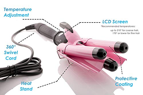 Alure Three Barrel Curling Iron Wand with LCD Temperature Display - 1 Inch Ceramic Tourmaline Triple Barrels, Dual Voltage Crimp (Pink)