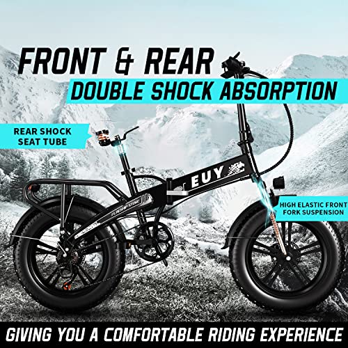 EUY Folding Electric Bike for Adults, 750W Motor 30MPH E Bike, 48V 12.8AH Removable Samsung Cells Battery, 20" Fat Tire Electric Mountain Ebike, Shimano 7-Speed,Dual Shock Absorber