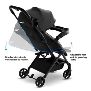 Mompush Lithe V2 Lightweight Stroller + Snack Tray, Ultra-Compact Fold & Airplane Ready Travel Stroller, Near Flat Recline Seat, Cup Holder, Raincover & Travelbag Included