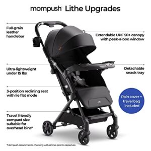 Mompush Lithe V2 Lightweight Stroller + Snack Tray, Ultra-Compact Fold & Airplane Ready Travel Stroller, Near Flat Recline Seat, Cup Holder, Raincover & Travelbag Included