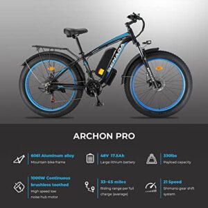 SENADA Electric Bike for Adults 48V 17.5Ah Fat Tire Electric Bikes,1000W 26" x 4" Snow Beach Ebikes for Adults 30MPH Adult Electric Bike Long Range 40-65 Miles 21-Speed Archon-Pro EBike,UL Certified