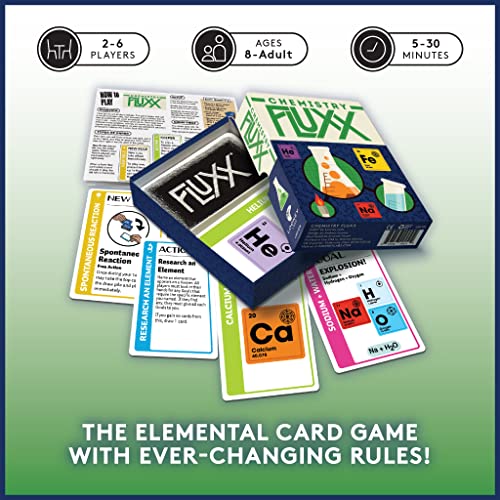 Looney Labs Chemistry Fluxx Card Game - Science Games Card Games for Kids Adult Games Family Games School Games with Elements Atom Molecules Periodic Table 2-6 Player Board Games for Ages 8 and Up