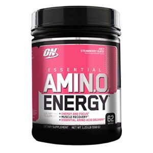 optimum nutrition essential amino energy, juicy strawberry burst, preworkout and postworkout recovery with essential amino acids and caffeine from natural sources, 62 servings, 1.23 lb, pack of 1