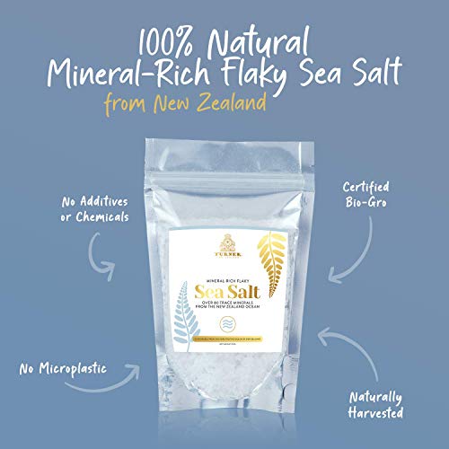 TURNER Mineral-Rich Flaky Sea Salt, Made in New Zealand, Kosher Flakes, 420 gramm, Premium Gourmet, Unprocessed, 84 Minerals & Trace Elements, 100% All-Natural, Solar & Wind Harvested, Lab Certified