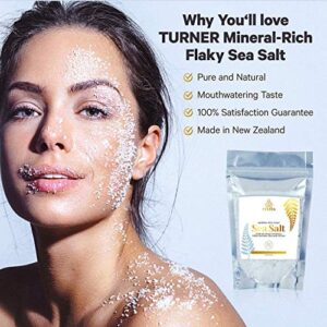 TURNER Mineral-Rich Flaky Sea Salt, Made in New Zealand, Kosher Flakes, 420 gramm, Premium Gourmet, Unprocessed, 84 Minerals & Trace Elements, 100% All-Natural, Solar & Wind Harvested, Lab Certified