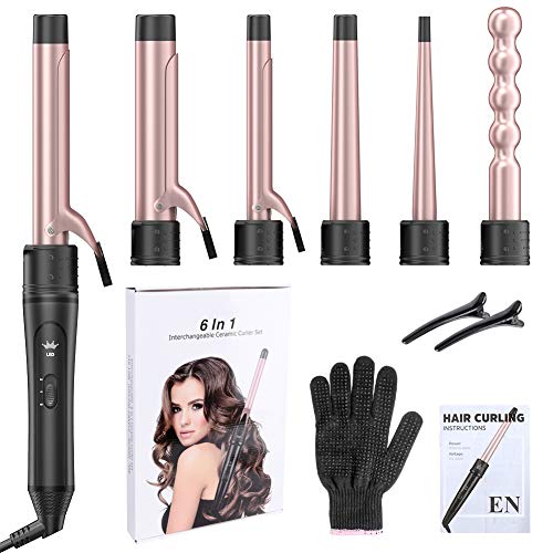 6-IN-1 Curling Iron, Professional Curling Wand Set, Instant Heat Up Hair Curler with 6 Interchangeable Ceramic Barrels (0.35'' to 1.25'') and 2 Temperature Adjustments, Heat Protective Glove & 2 Clips