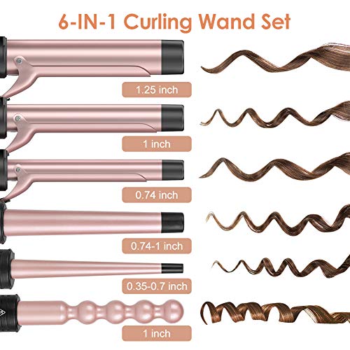 6-IN-1 Curling Iron, Professional Curling Wand Set, Instant Heat Up Hair Curler with 6 Interchangeable Ceramic Barrels (0.35'' to 1.25'') and 2 Temperature Adjustments, Heat Protective Glove & 2 Clips