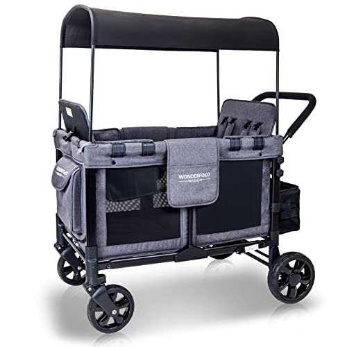 WONDERFOLD W4 Original Quad Stroller Wagon Featuring 4 High Face-to-Face Seats with 5-Point Harnesses, Easy Access Front Zipper Door, and Removable UV-Protection Canopy, Gray