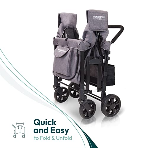 WONDERFOLD W4 Original Quad Stroller Wagon Featuring 4 High Face-to-Face Seats with 5-Point Harnesses, Easy Access Front Zipper Door, and Removable UV-Protection Canopy, Gray