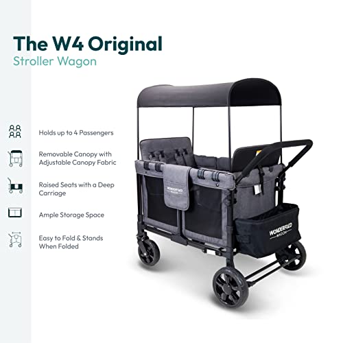 WONDERFOLD W4 Original Quad Stroller Wagon Featuring 4 High Face-to-Face Seats with 5-Point Harnesses, Easy Access Front Zipper Door, and Removable UV-Protection Canopy, Gray