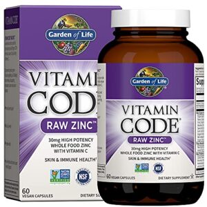 garden of life zinc supplements 30mg high potency raw zinc and vitamin c multimineral supplement, vitamin code vitamins trace minerals & probiotics for skin health & immune support, 60 vegan capsules