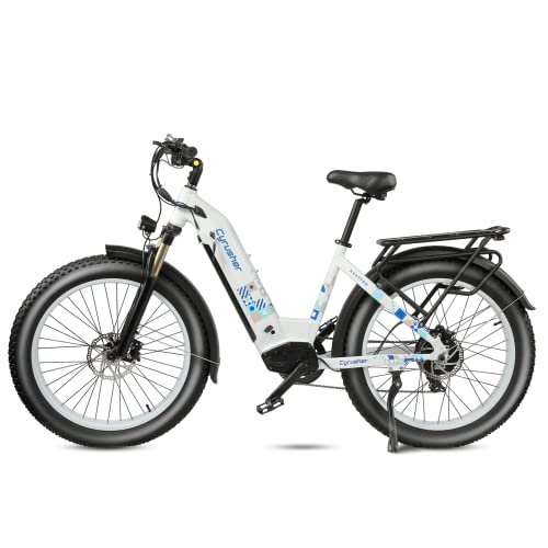 Cyrusher Kuattro Step-Through Ebike 750W BAFANG Motor 52V 17Ah Battery 26" x 4.0" Fat Tire Electric Bike for Adults Shimano 7-Speed Front Fork Suspension 3.7'' LCD Display (Kuattro 17Ah White)