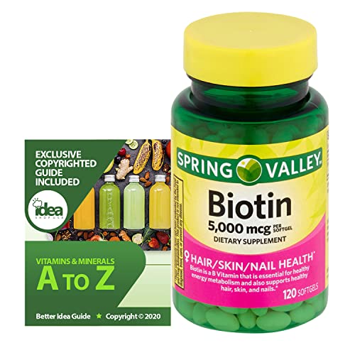 Spring Valley Biotin Dietary Supplement, 5000 mcg, 120 Softgels Total + “Vitamins & Minerals - A to Z - Better Idea Guide” (1 Pack 120 Count)