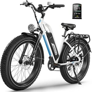 multijoy electric bike for adults,upgraded 48v 20ah removable battery,750w powerful motor & 26” kenda fat tire electric bicycle with aluminum rack snow beach mountain ebike shimano 7-speed(white)