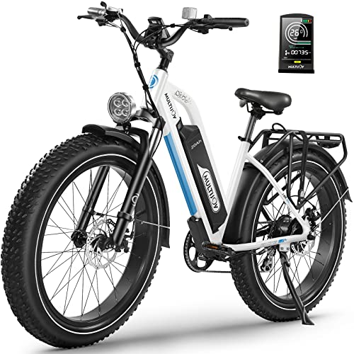 MULTIJOY Electric Bike for Adults,Upgraded 48V 20Ah Removable Battery,750W Powerful Motor & 26'' Kenda Fat Tire Electric Bicycle with Aluminum Rack Snow Beach Mountain Ebike Shimano 7-Speed(White)