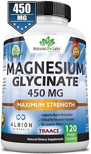 Magnesium Glycinate 450 MG Albion Minerals TRAACS Maximum Bioavailability Chelate No Laxative Effect Vegan Helps Function of Muscles, Bones, Heart Non-GMO