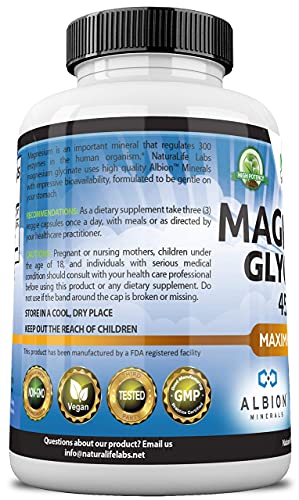 Magnesium Glycinate 450 MG Albion Minerals TRAACS Maximum Bioavailability Chelate No Laxative Effect Vegan Helps Function of Muscles, Bones, Heart Non-GMO