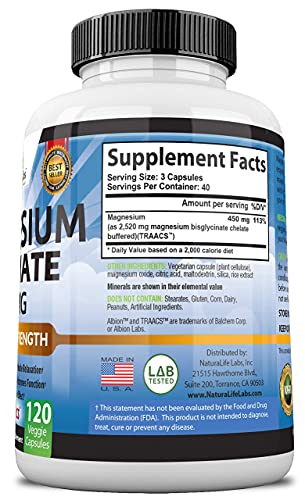 Magnesium Glycinate 450 MG Albion Minerals TRAACS Maximum Bioavailability Chelate No Laxative Effect Vegan Helps Function of Muscles, Bones, Heart Non-GMO