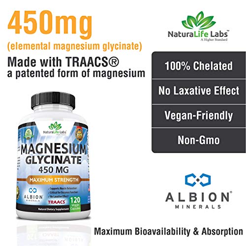 Magnesium Glycinate 450 MG Albion Minerals TRAACS Maximum Bioavailability Chelate No Laxative Effect Vegan Helps Function of Muscles, Bones, Heart Non-GMO