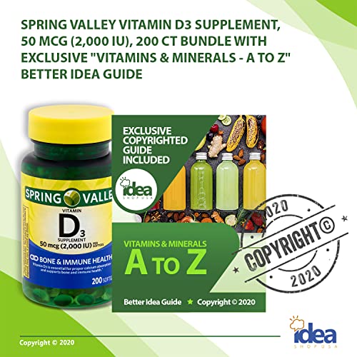 Spring Valley Vitamin D3 Supplement, 50 Mcg (2,000 Iu), 200 Ct Bundle With Exclusive "Vitamins & Minerals - A to Z" - Better Idea Guide (2 Items)