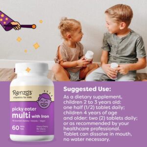 Renzo's Picky Eater Kids Multivitamin - Vegan Multivitamin for Kids with Iron, Vitamin C, and Zero Sugar, Dissolvable and Easy To Take Kids Vitamins, Cherry Flavored Childrens Vitamins [60 Melty Tabs]