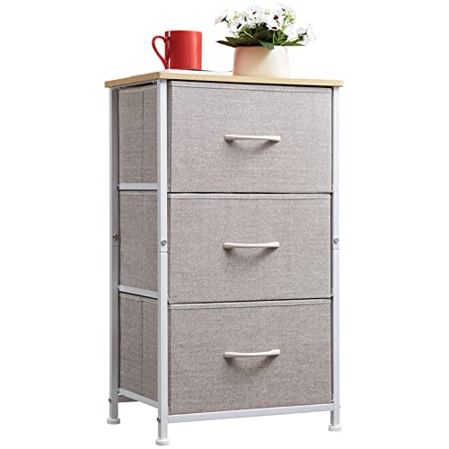 Somdot Small Dresser for Bedroom with 3 Drawers, Storage Chest of Drawers with Removable Fabric Bins for Closet Bedside Nursery Laundry Living Room Entryway Hallway, Grey/Natural Maple