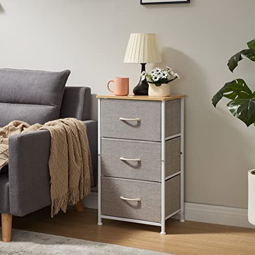 Somdot Small Dresser for Bedroom with 3 Drawers, Storage Chest of Drawers with Removable Fabric Bins for Closet Bedside Nursery Laundry Living Room Entryway Hallway, Grey/Natural Maple