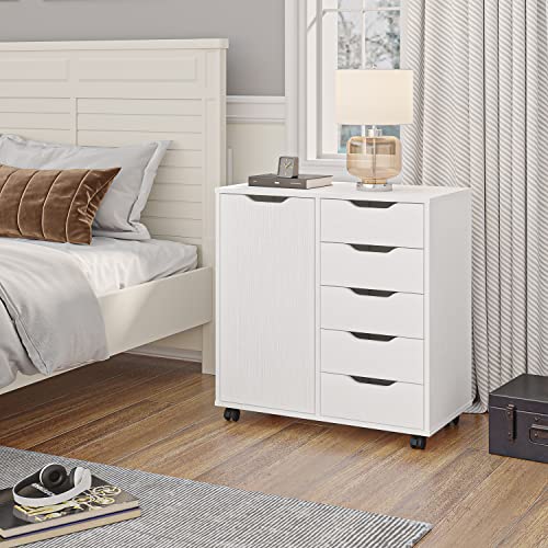 Panana 5/7 Drawer Chest, Wooden Tall Dresser Storage Dresser Cabinet With Wheels, Office Organization And Storage, Bedroom Furniture (5 Drawer, White)